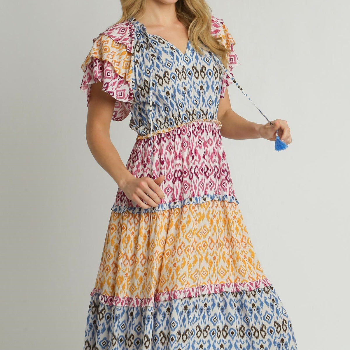 Mixed Aztec Print Midi Dress with Tassel Front Tie & Ruffle Sleeves ...