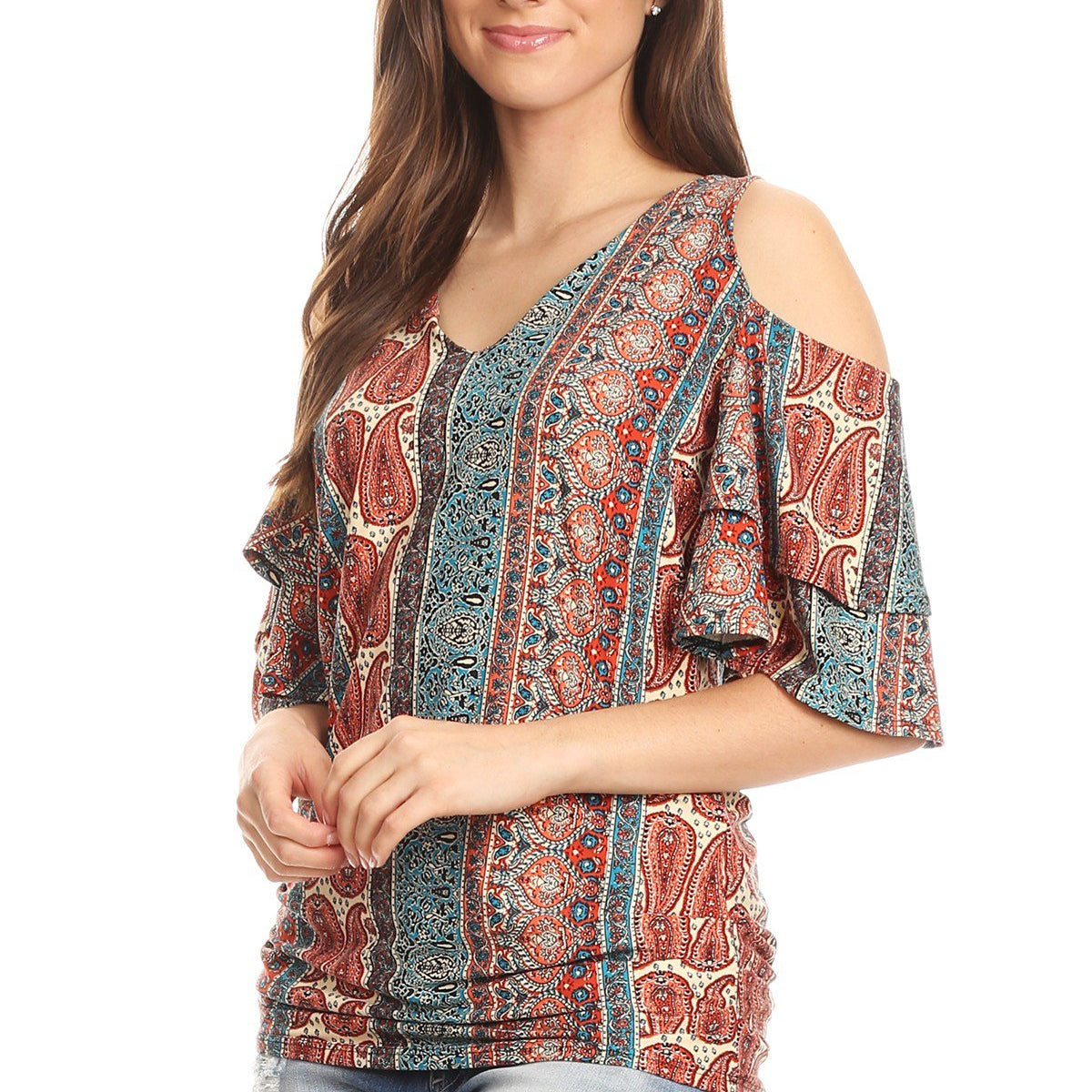 Paisley For Days Cold Shoulder Ruffle Top | Turquoise Buckle Boutique